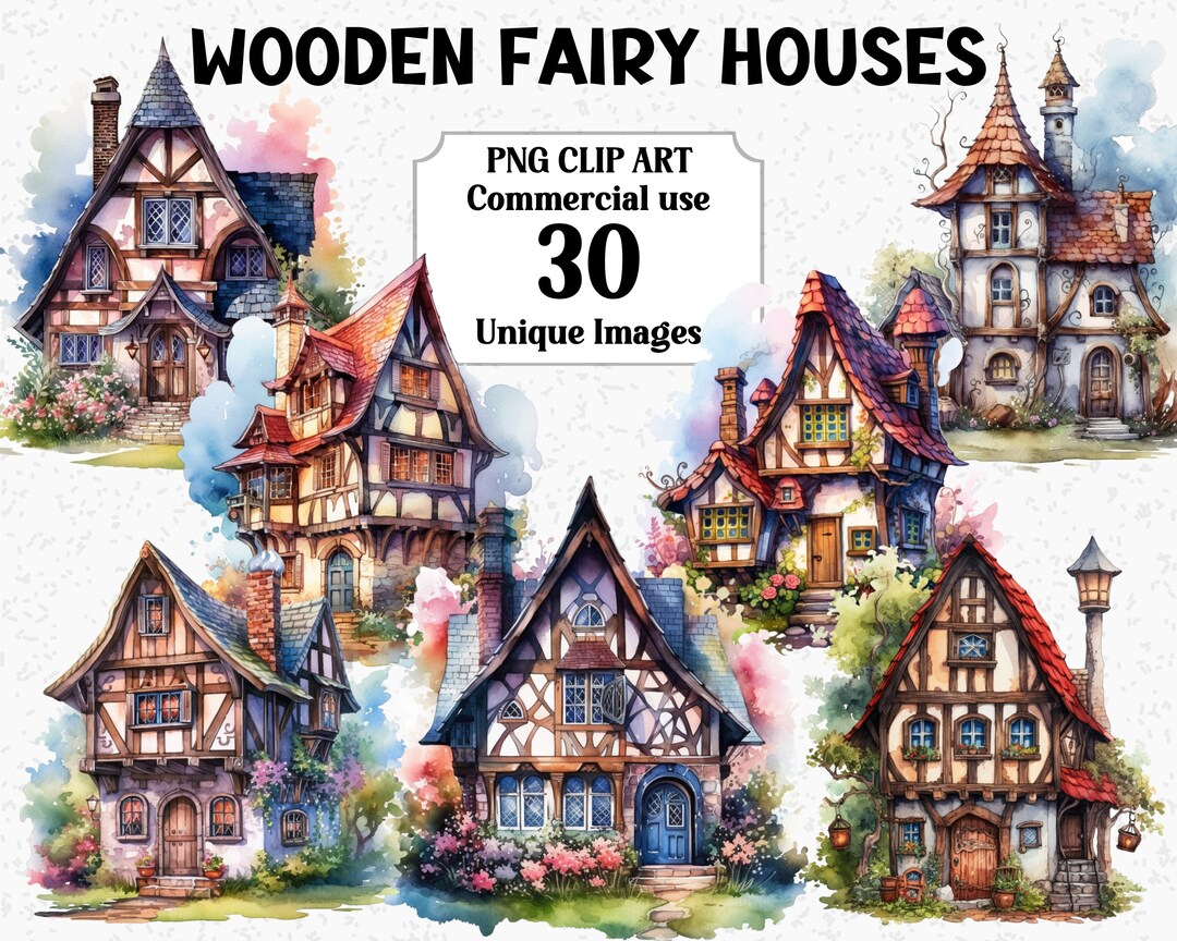 Wooden Fairy Houses Watercolor Clipart, Cards Invites Craft, Instant ...