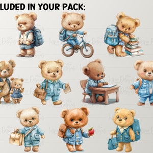 Back to School Bears Blue Clipart, Instant Download, Riding Bike, Desk ...