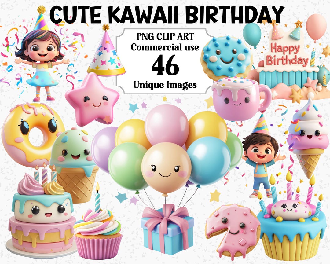 Cute Kawaii Birthday Clipart 3D Style Girls & Boys Party Instant ...
