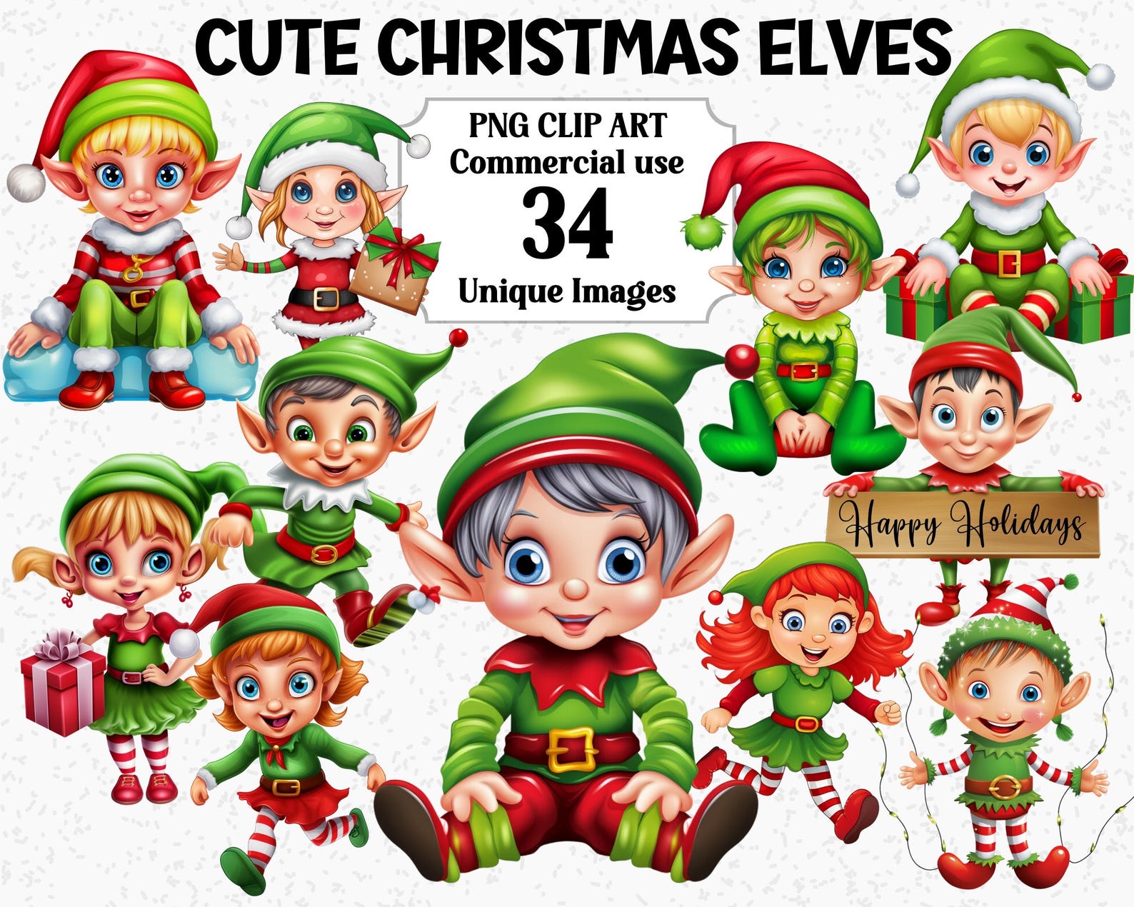 Cute Christmas Elves Clipart, Cartoon Style, Transparent Instant ...