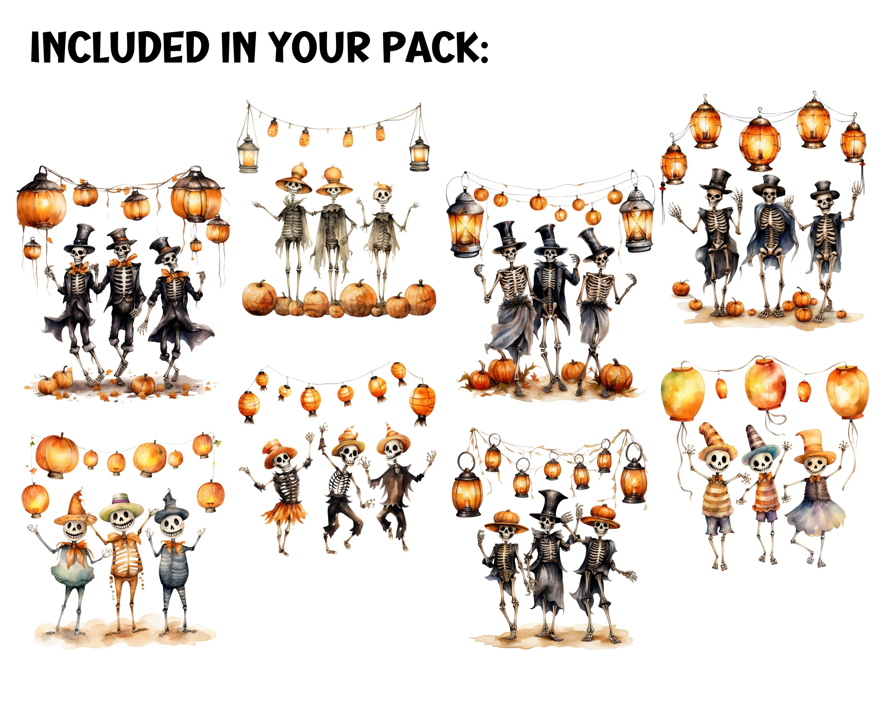 Halloween Dancing Skeletons Spooky Watercolor Clip Art, Digital Paper ...