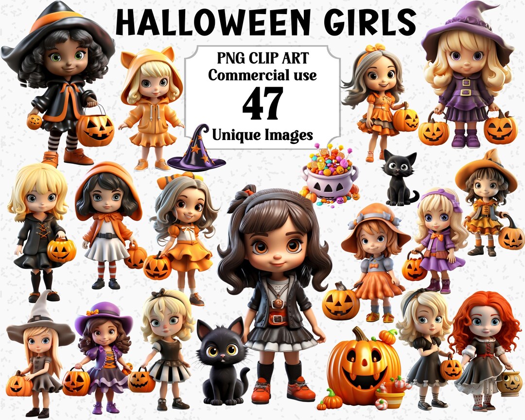 3D Style Cute Little Halloween Girls Children Clipart, Commercial Use ...