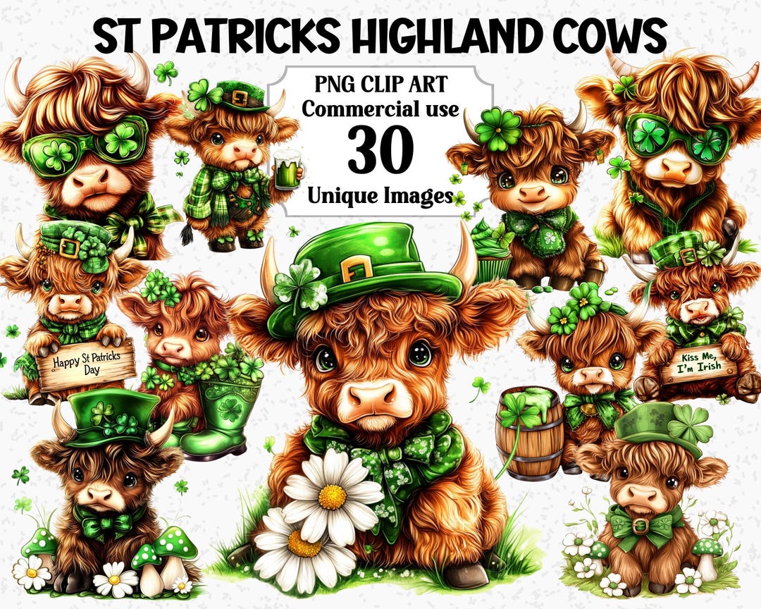 St Patricks Day Highland Cows Clipart, Digital/paper Green Animal Craft ...