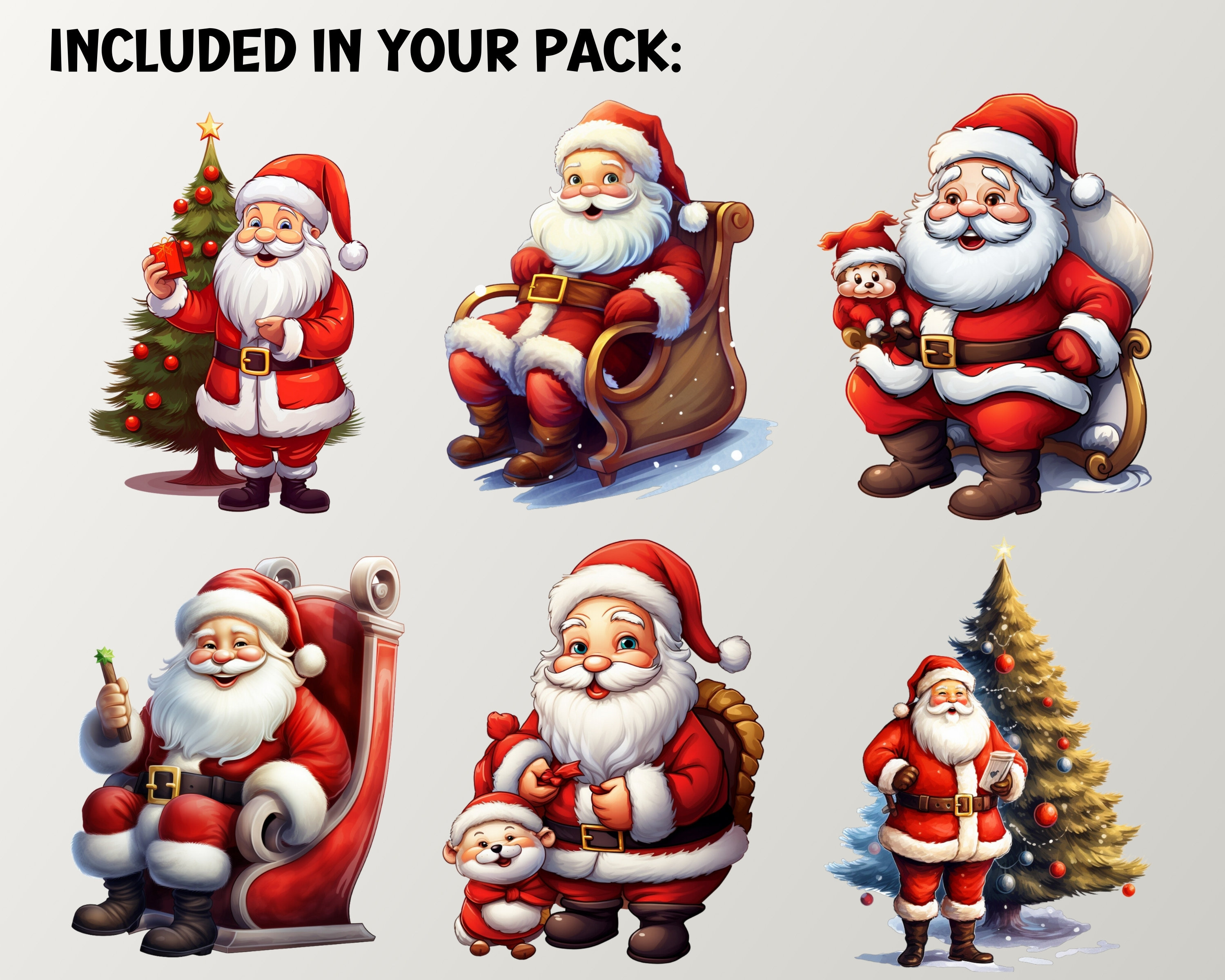 Cartoon Style Santas Watercolor Christmas Clip Art, Craft Scrapbooking ...