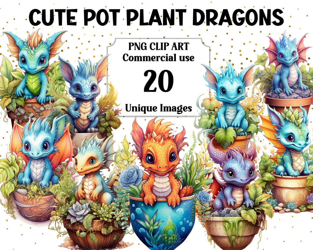 Cute Pot Plant Dragons Watercolor Clip Art, Digital & Paper Crafts ...