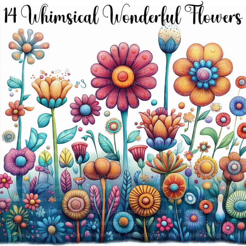 Whimsical Wonderful Flowers Clipart Scenes Digital & Paper Craft ...
