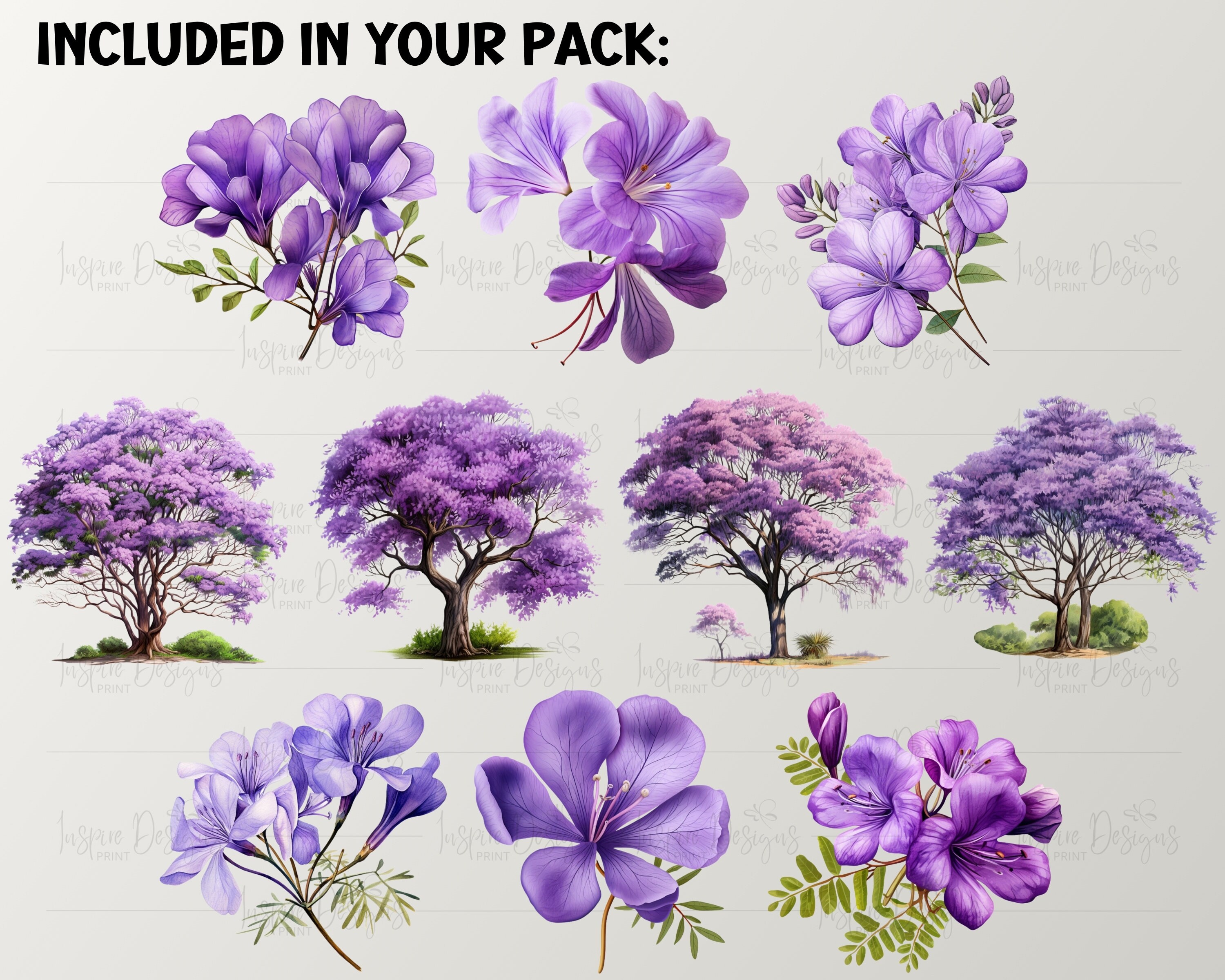 Jacaranda Trees Watercolor Purple Clipart, Digital Nature Green Leaves ...