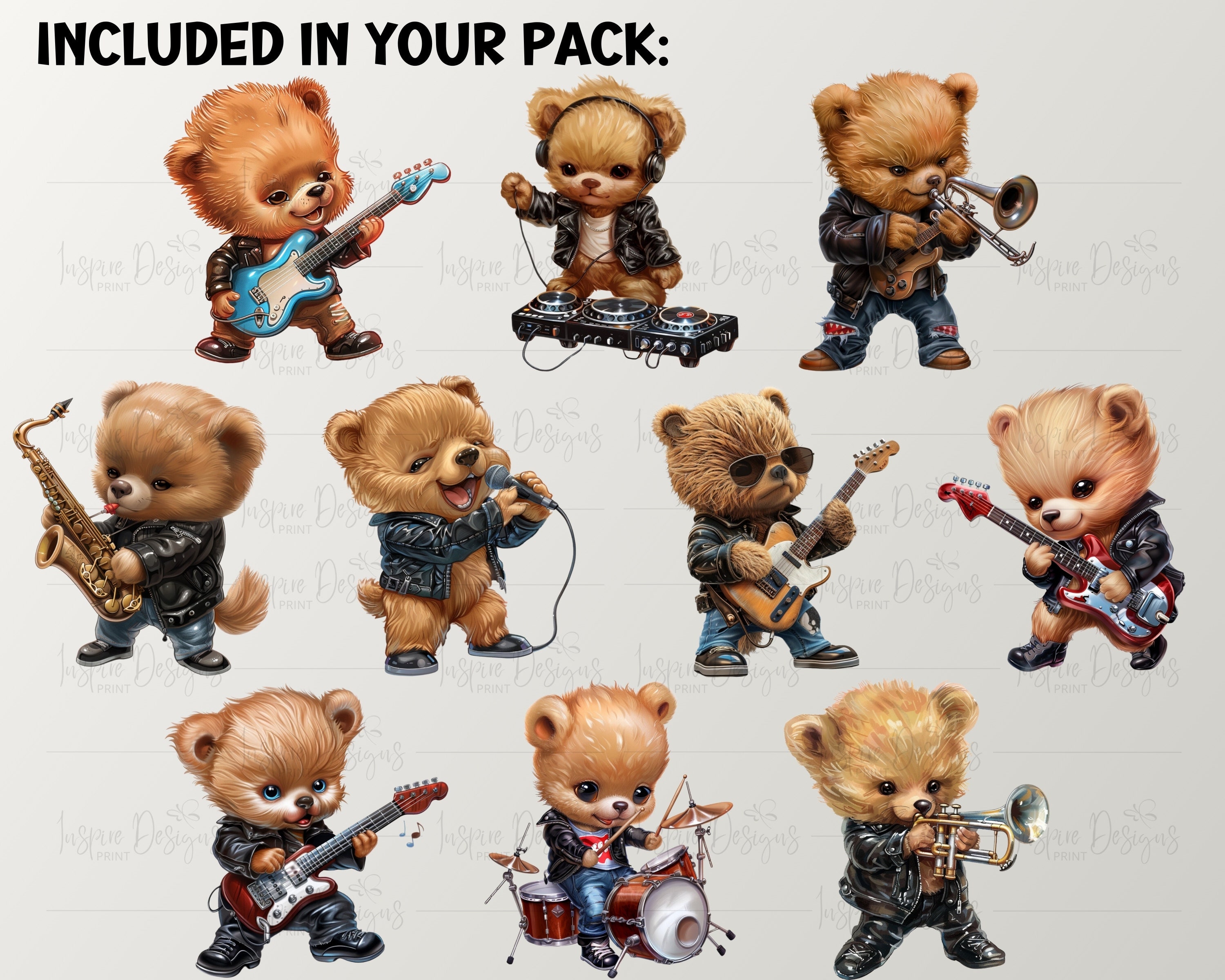 Cool Rock Band Bears Clipart, Instant Download, Music Guitar Drums ...