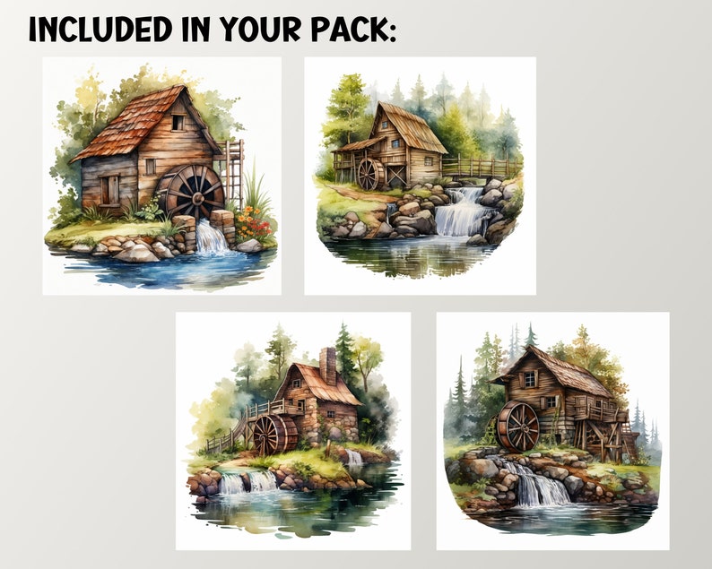 Watermill Scenes Watercolor Clipart, Digital & Paper Craft, Instant ...
