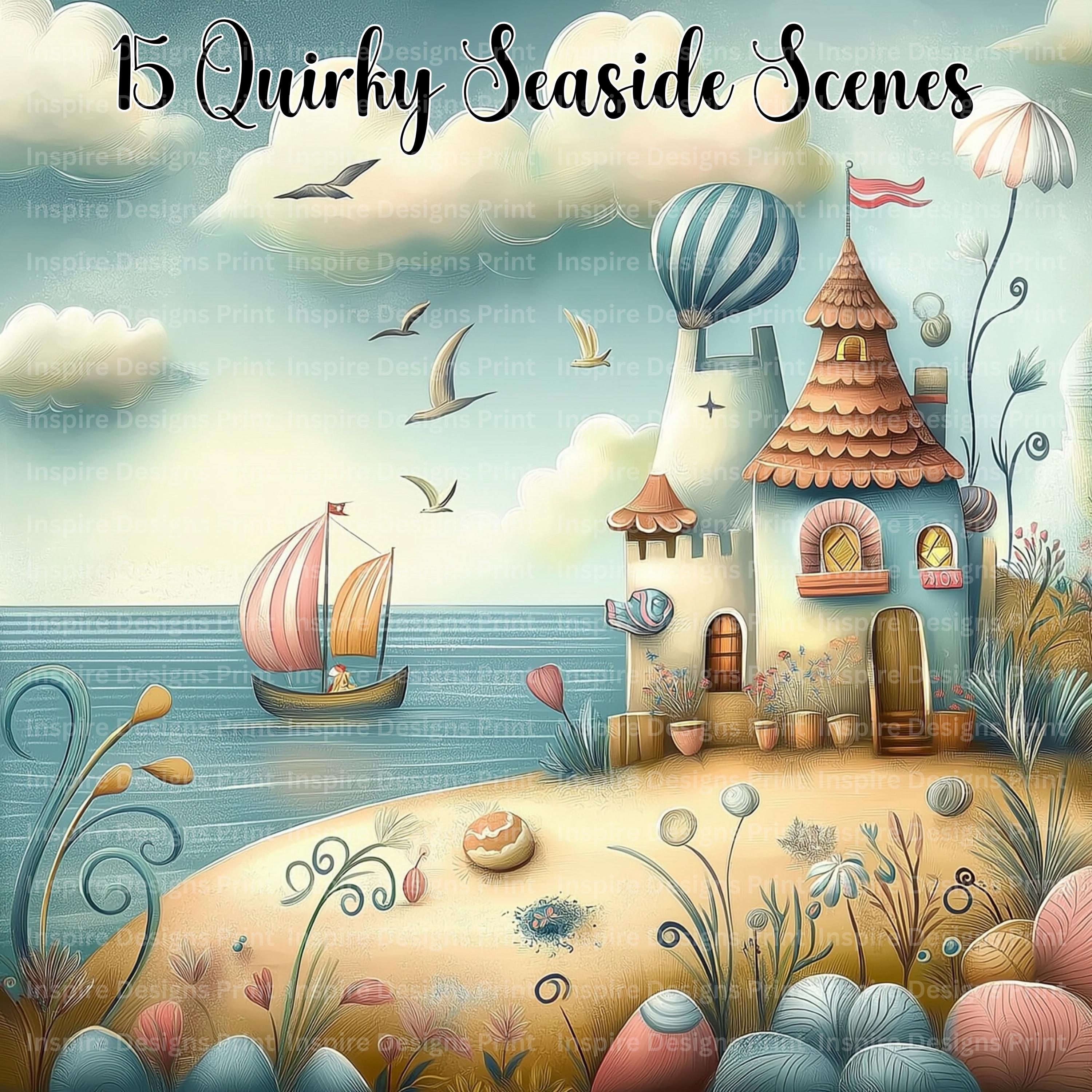 Quirky Seaside Scenes Clipart Colorful Whimsical Beach Background ...