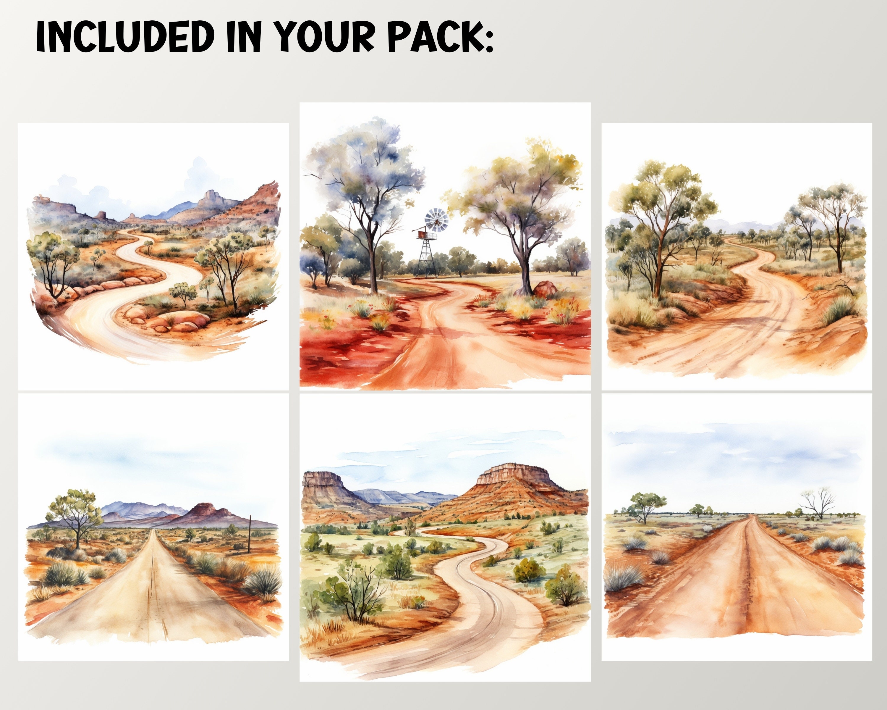Outback Roads Watercolor Clipart Scenes, Digital & Paper Craft, Instant ...