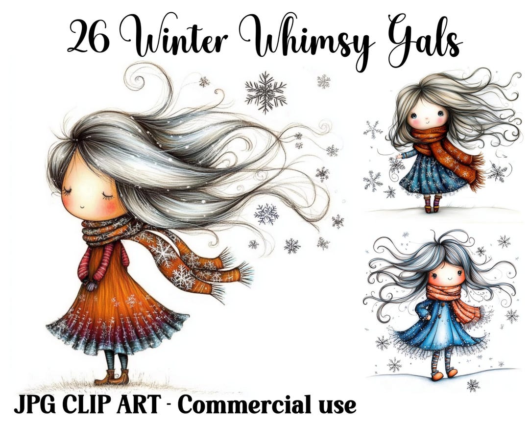 26 Winter Whimsy Gals Clipart, Digital/paper Craft Cards, Instant Download Seasonal Funny Girls ...