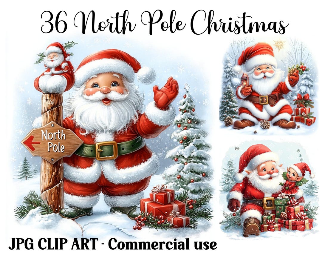 North Pole Christmas Clipart, Cute Santa Scenes Digital Craft, Card ...