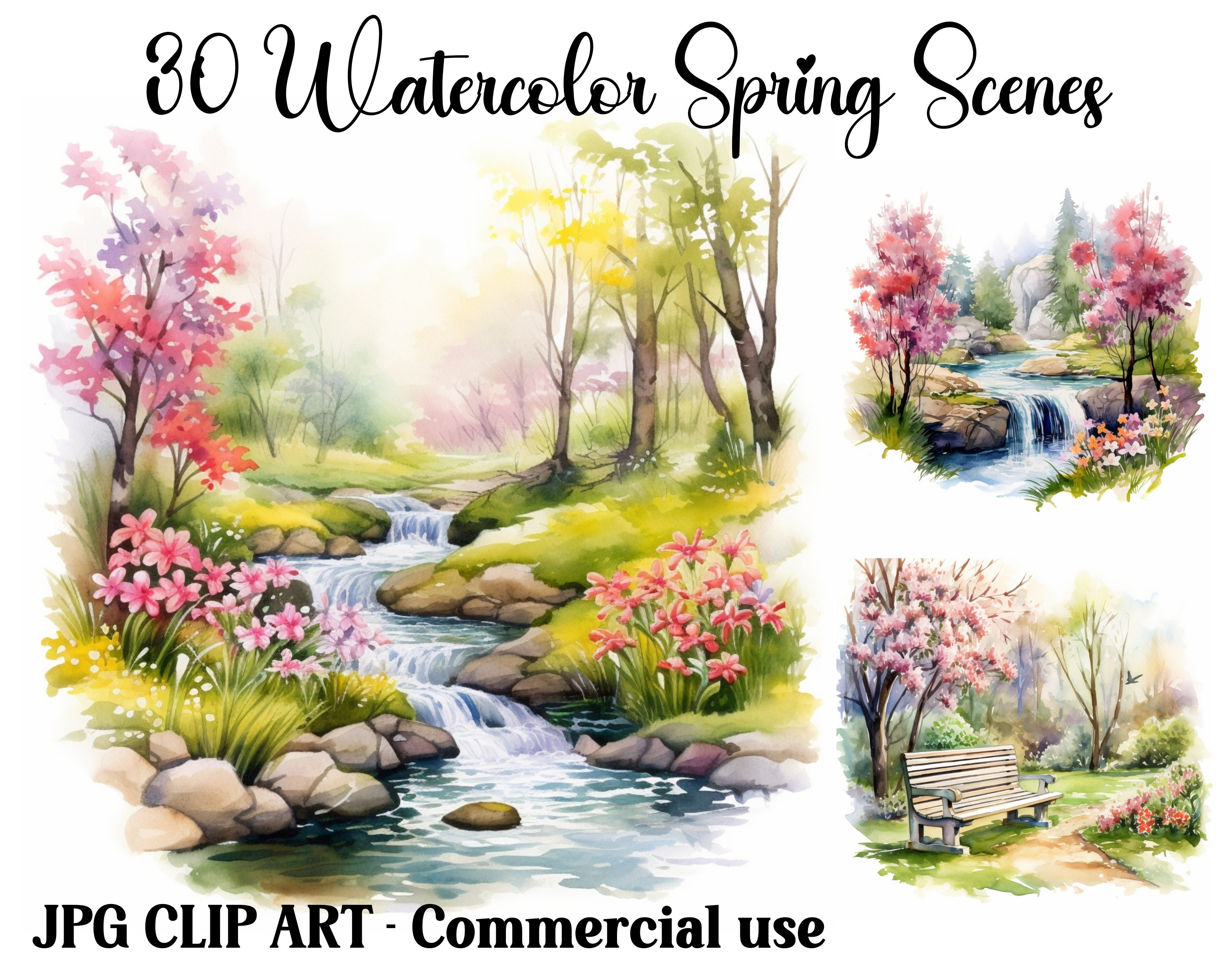 Watercolor Spring Scenes Country Clipart, Digital & Paper Craft ...