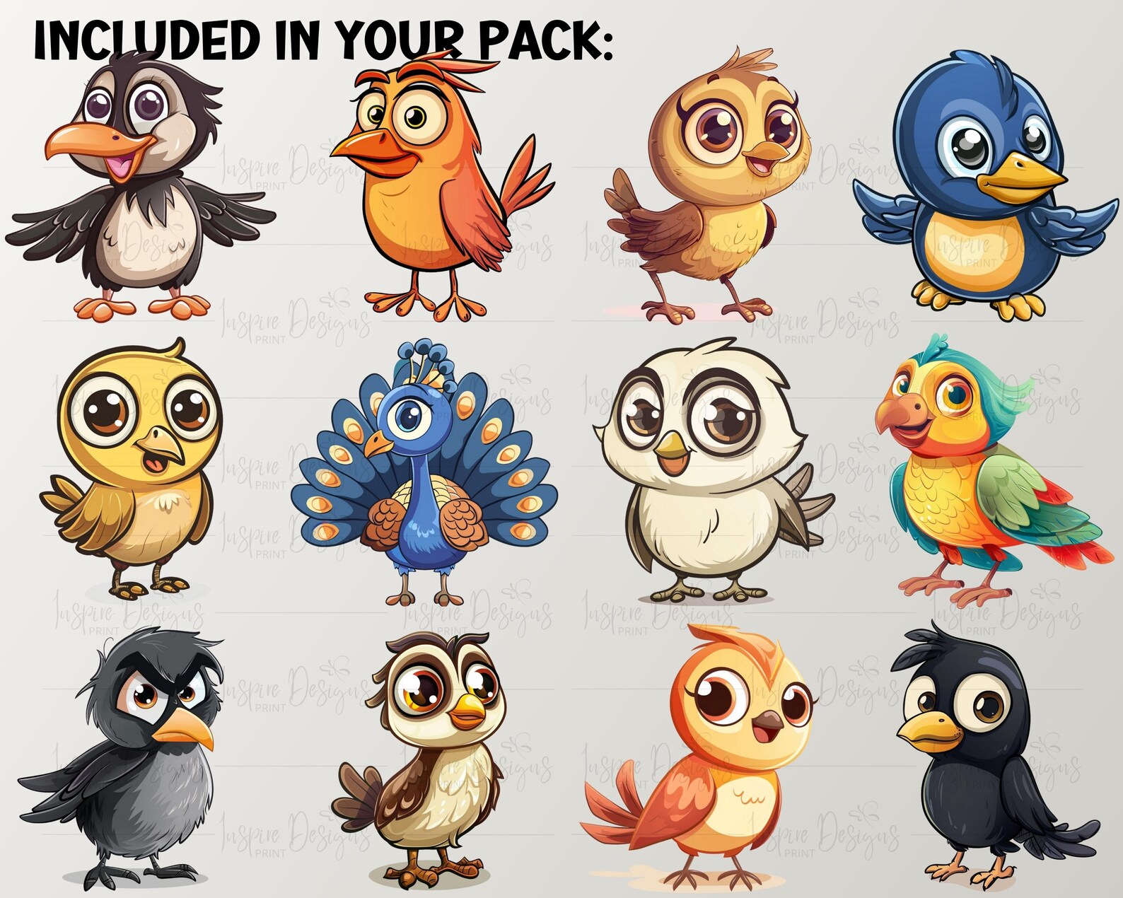 Cute & Funny Birds Watercolor Clipart Cartoon Animals, Instant Download ...