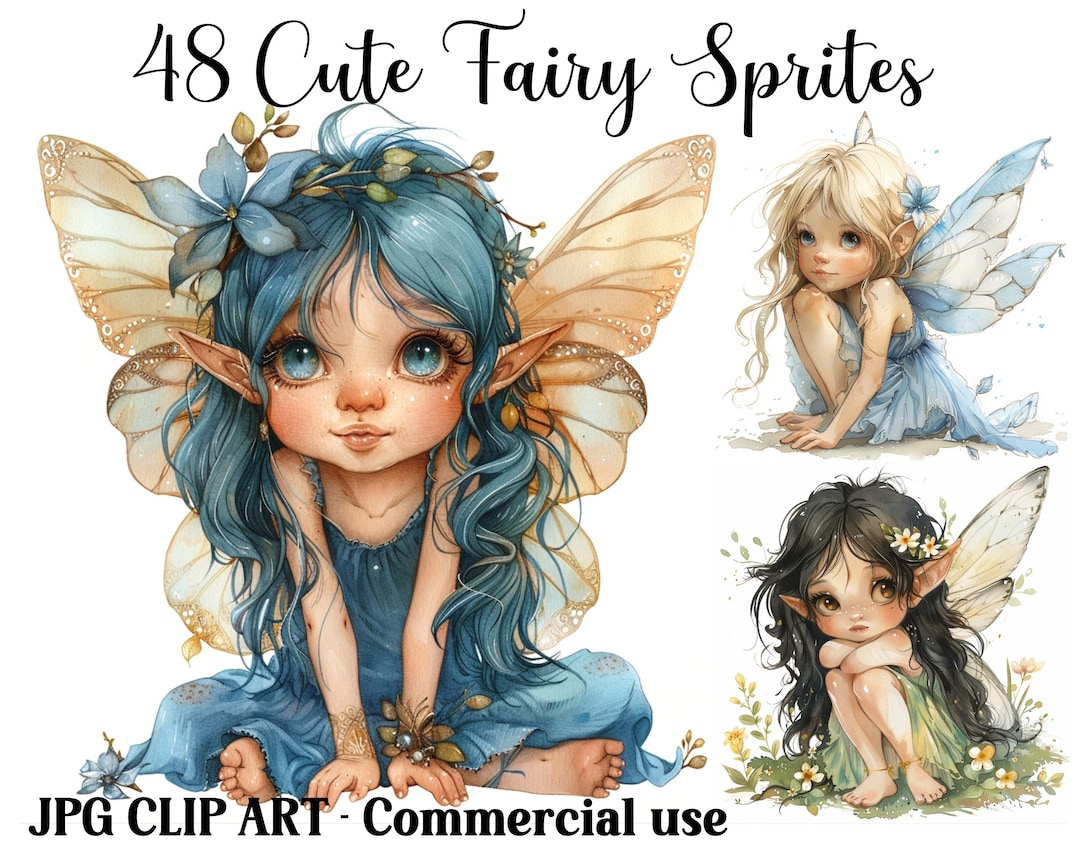 Cute Fairy Sprites Watercolor Elven Girls Clipart, Fantasy Fairytale ...