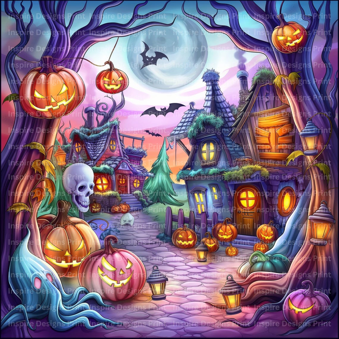 Spooky Halloween Towns Watercolor Clipart Haunted Houses Digital Papers ...