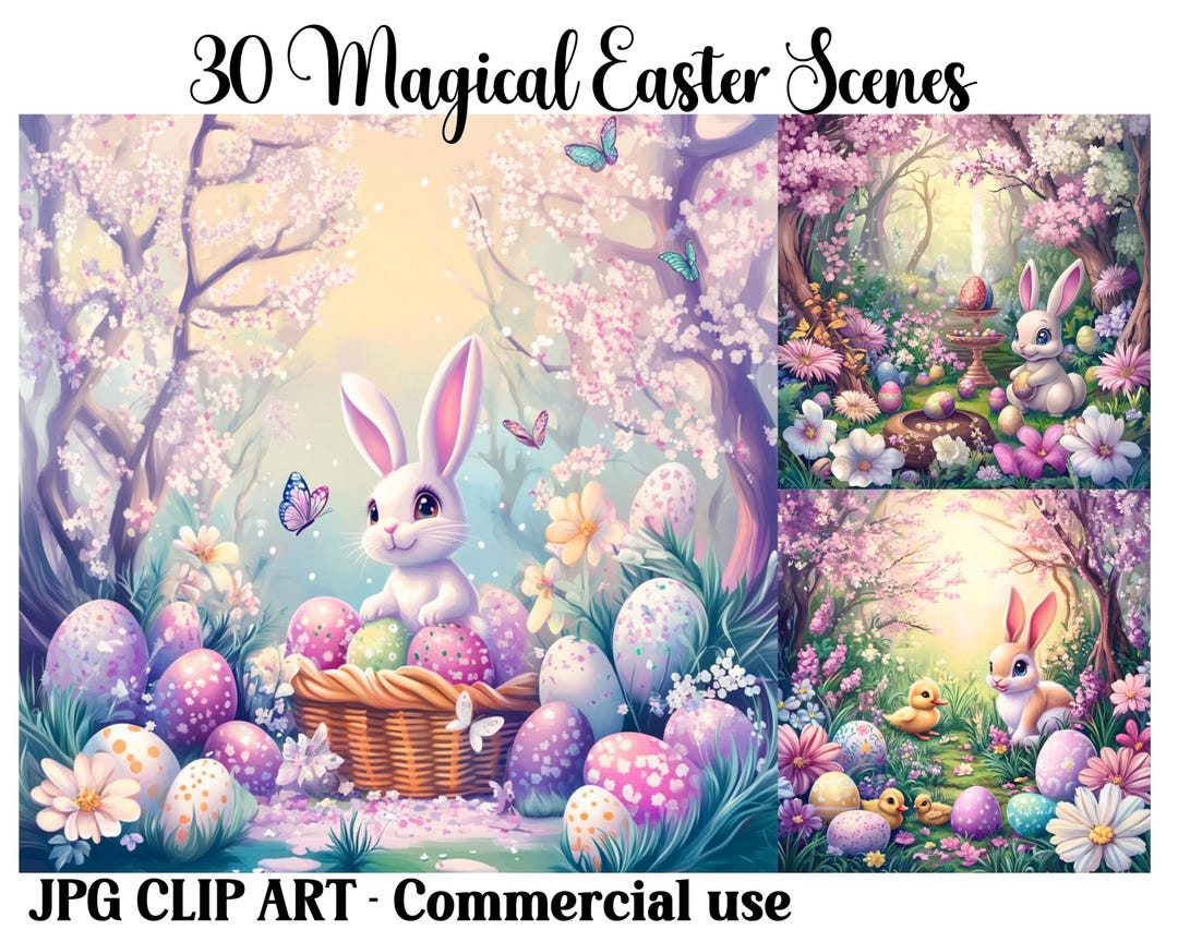 Magical Easter Scenes Clipart, Digital Papers / Craft, Cute Bunny ...