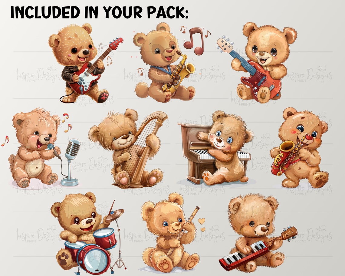 Cartoon Musical Bears Clipart, Instant Download, Music Guitar Drums ...