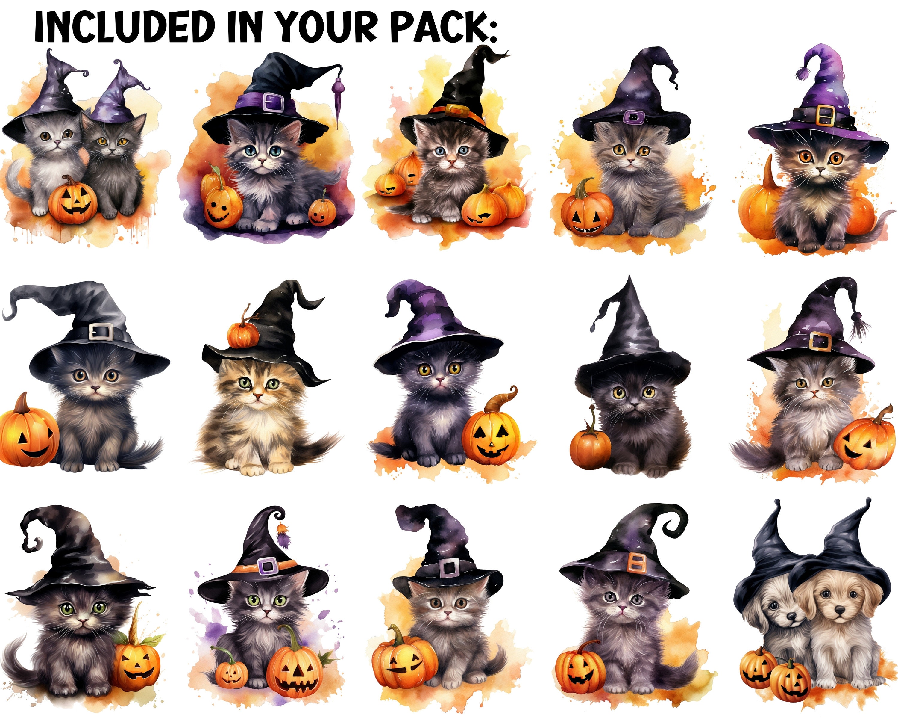 Halloween Cats & Dogs Watercolor Clip Art, Digital Paper Crafts Puppy ...