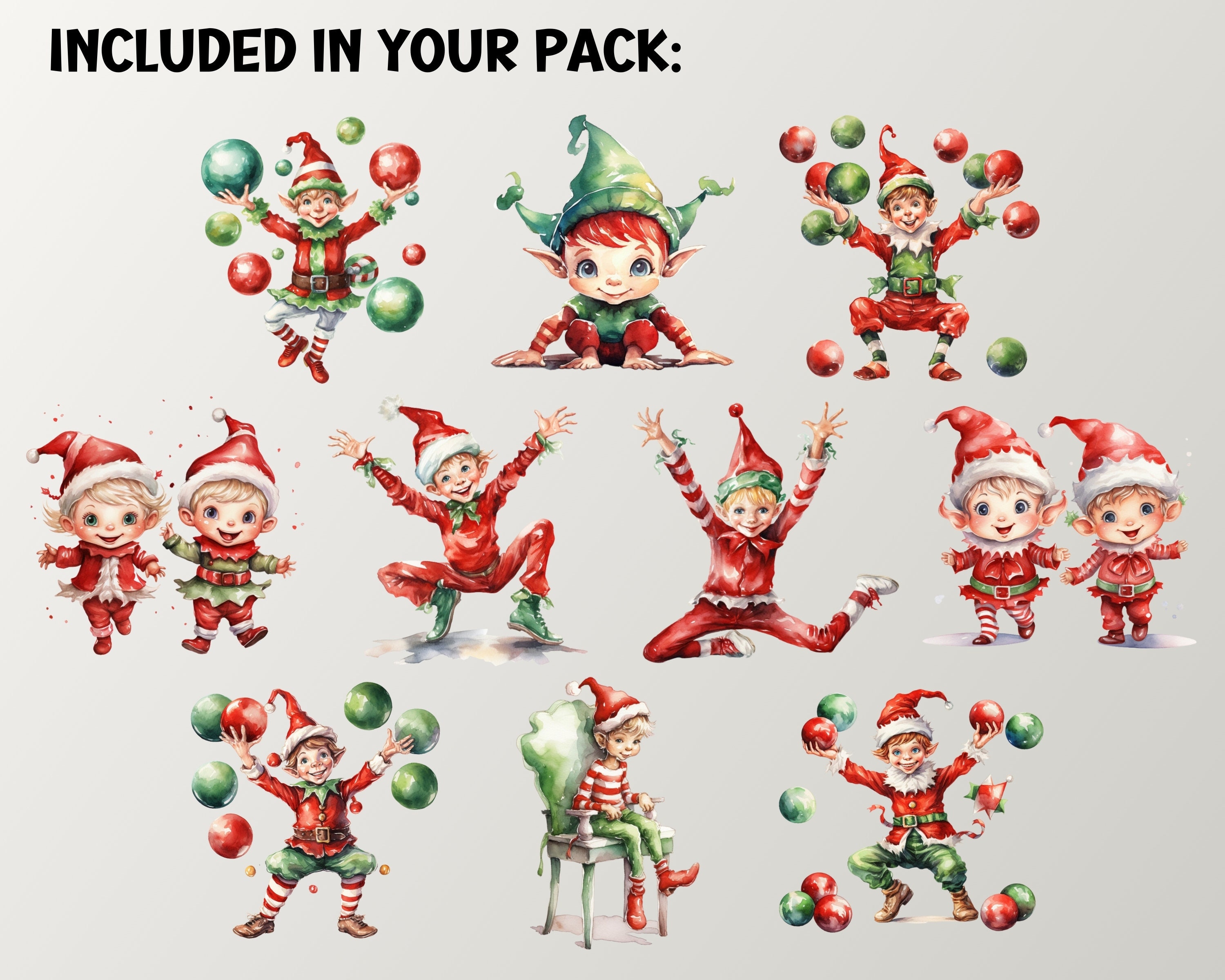 Playful Christmas Elves Watercolor Clipart, Craft Sublimation ...