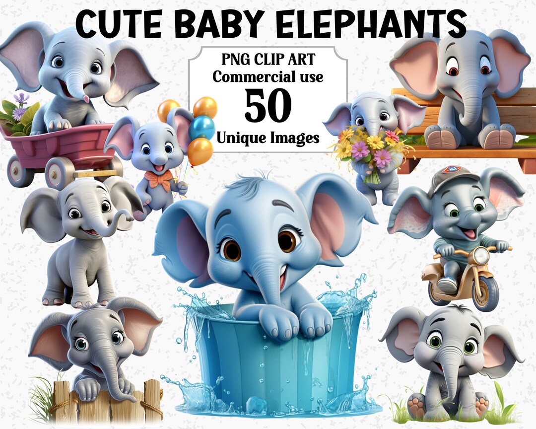 Cute Baby Elephants Watercolor Animals Clipart, Digital/paper Crafts ...