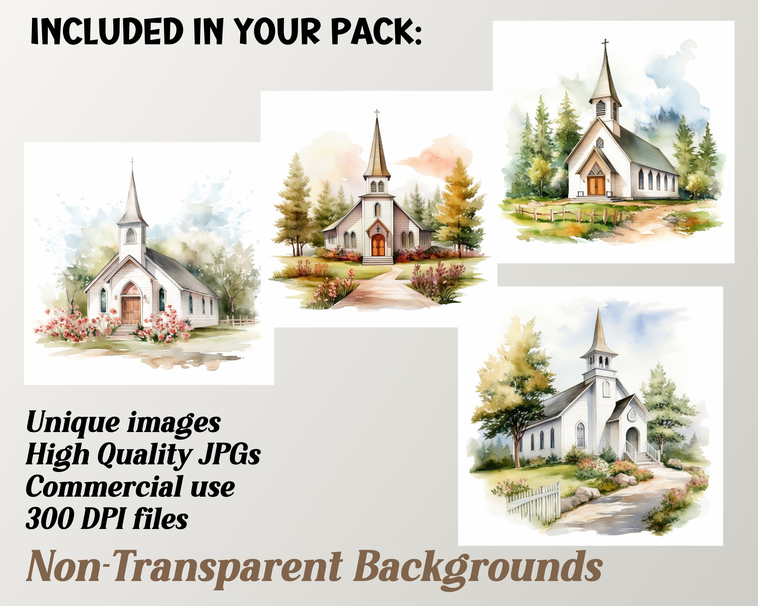 Country Churches Watercolor Scenes Clipart, Digital & Paper Crafts ...