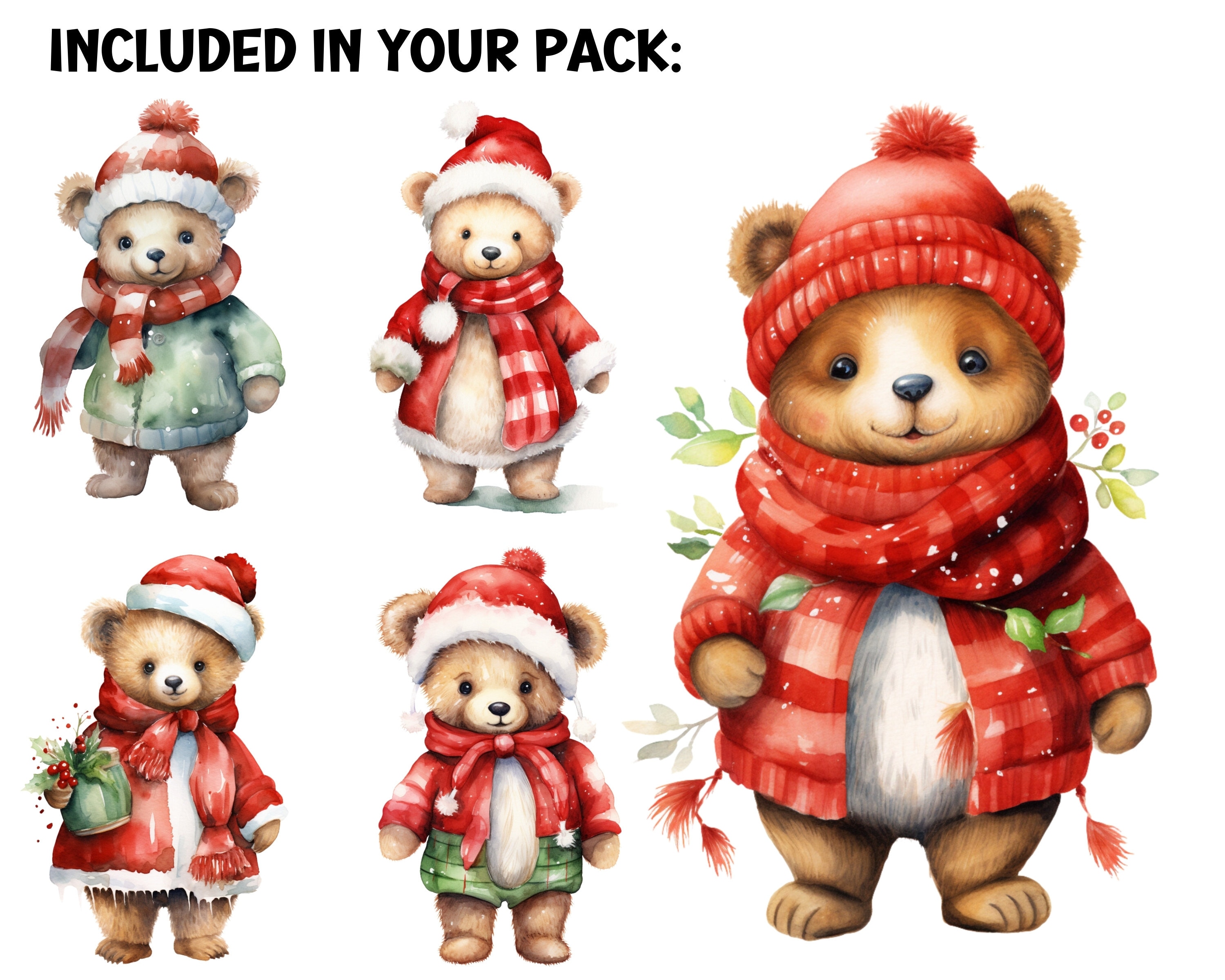 Christmas Bears Watercolor Clip Art, Digital/paper Crafts, Cute Zoo ...