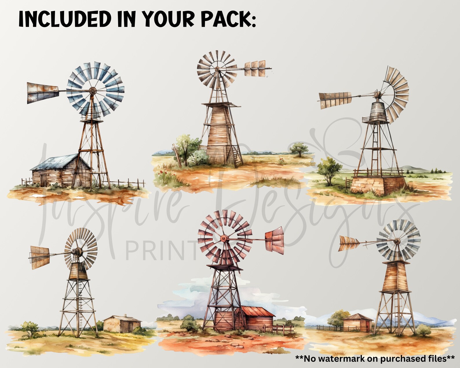 Outback Windmills Watercolor Clipart, Digital & Paper Craft, Instant ...