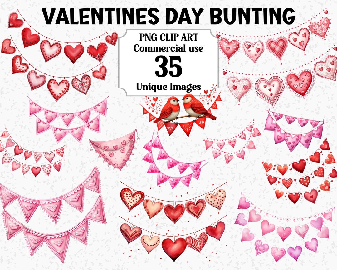 Valentines Day Bunting Watercolor Pink & Red Hearts Clipart, Cards ...
