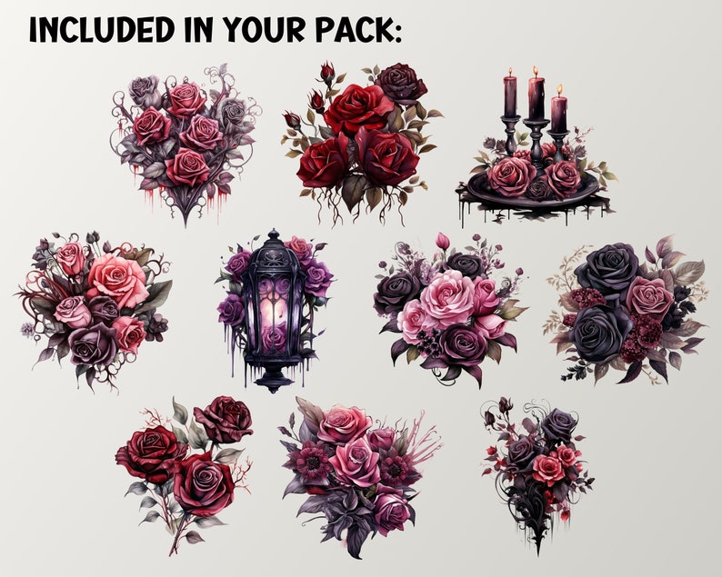 Gothic Roses Watercolor Spooky Dark Flowers Clipart, Cards Junk Journal ...