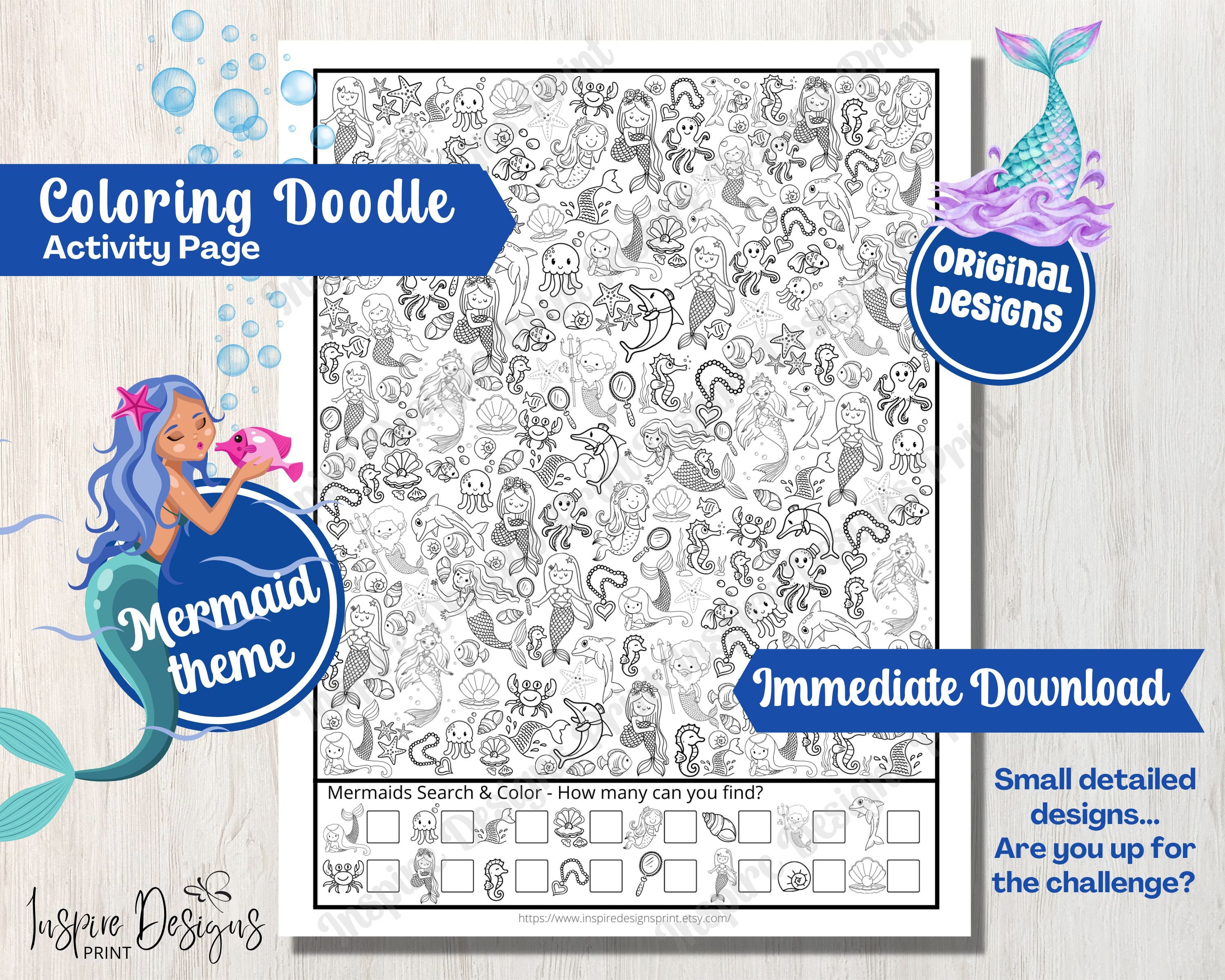 Mermaids Search & Color Doodles I SPY Printable Counting Page Adults ...