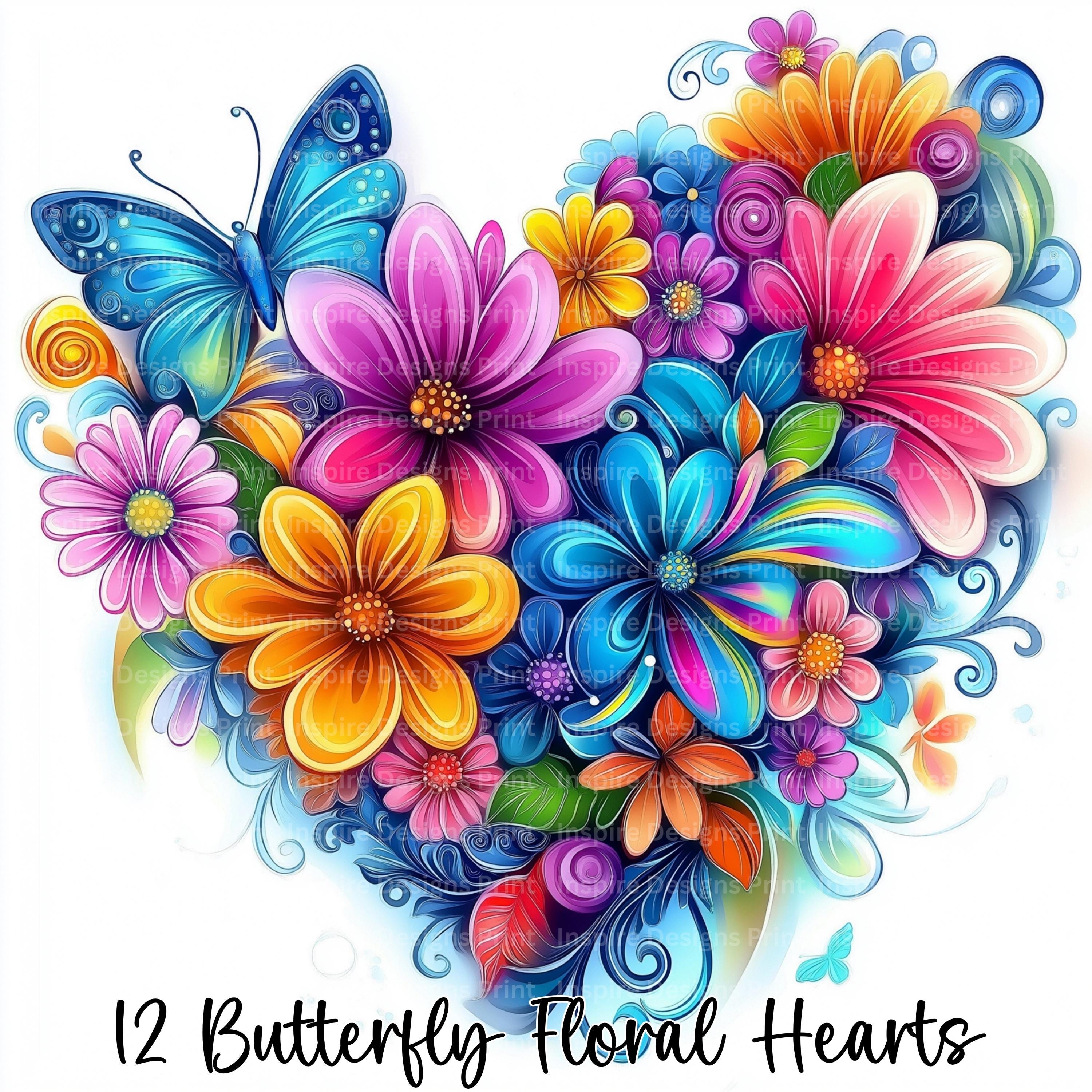 Vibrant Clipart Butterfly Floral Hearts Digital Whimsical Flowers ...
