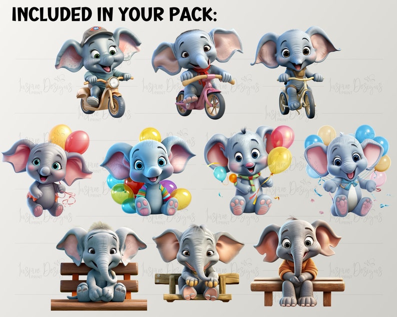 Cute Baby Elephants Watercolor Animals Clipart, Digital/paper Crafts ...