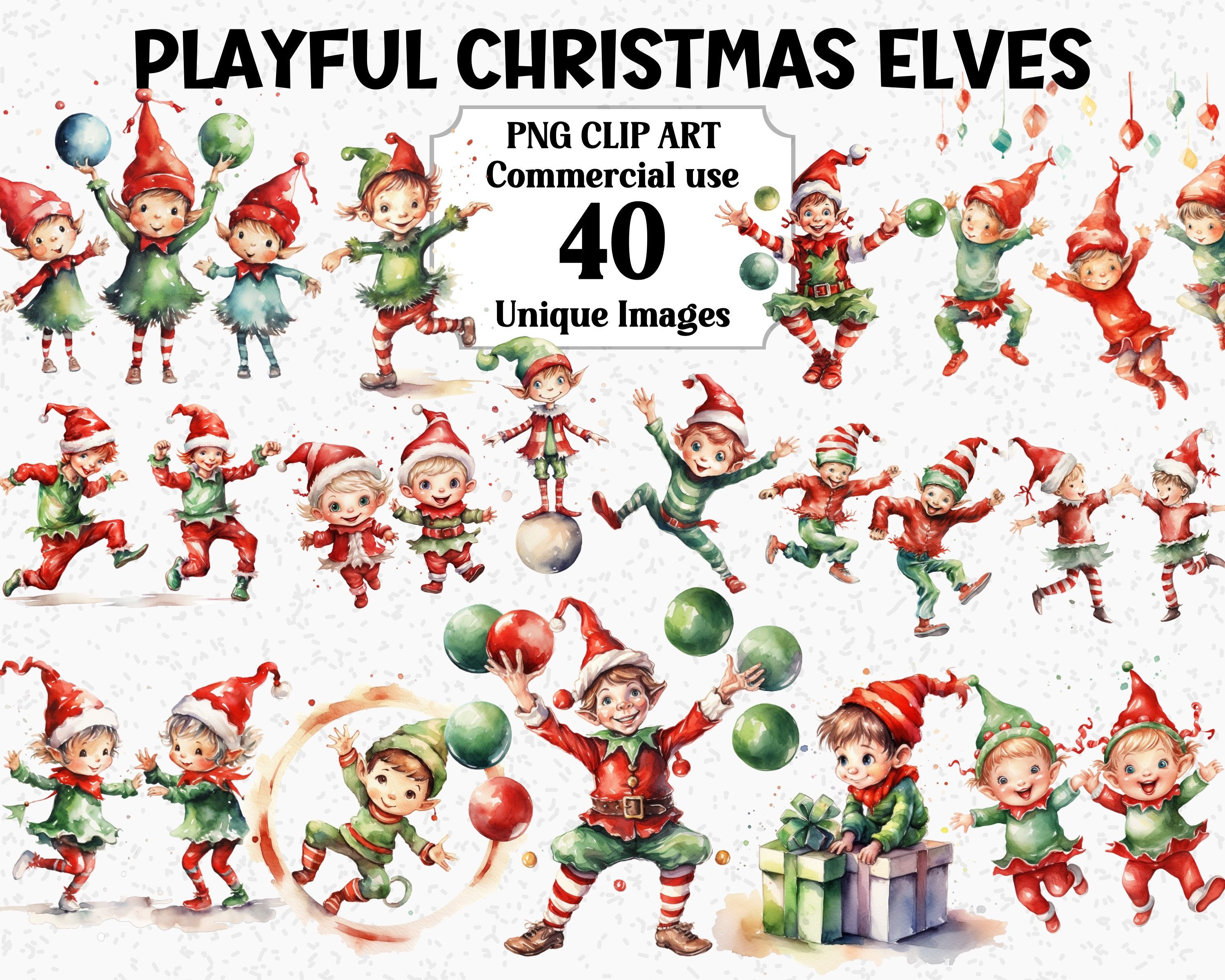 Playful Christmas Elves Watercolor Clipart, Craft Sublimation ...