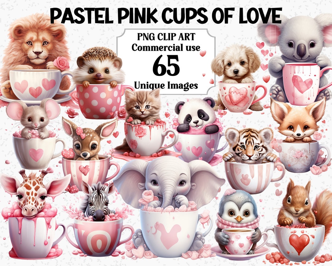 Pastel Pink Cups of Love, Valentines Day Watercolor Clipart, Cards ...