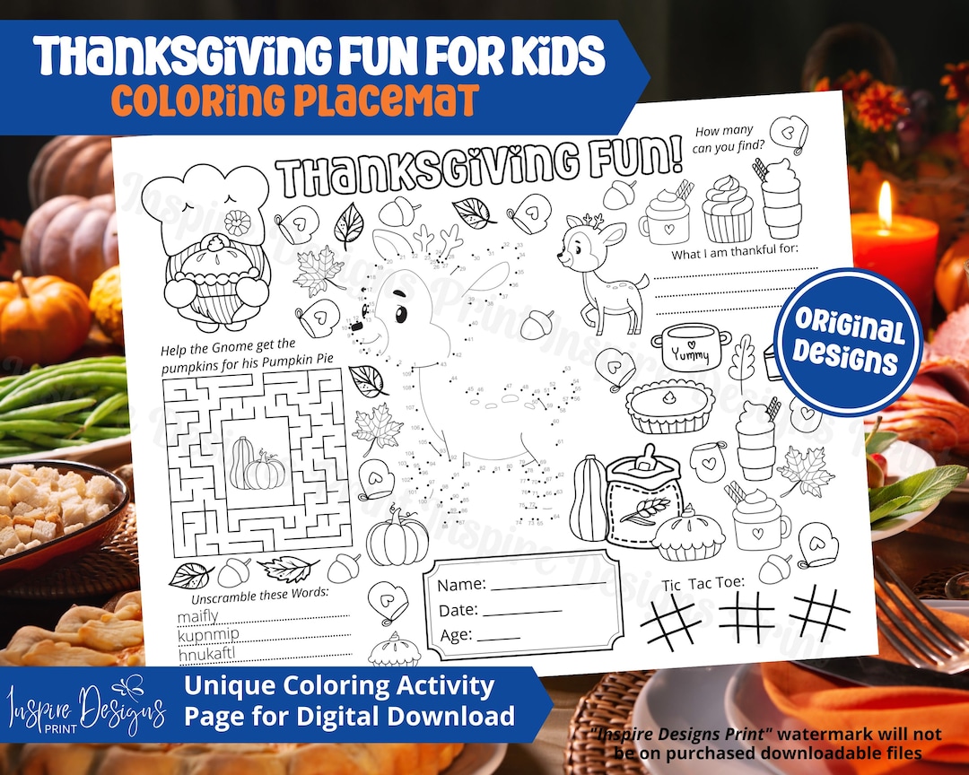 THANKSGIVING Fun Printable Coloring Placement for Kids - Etsy