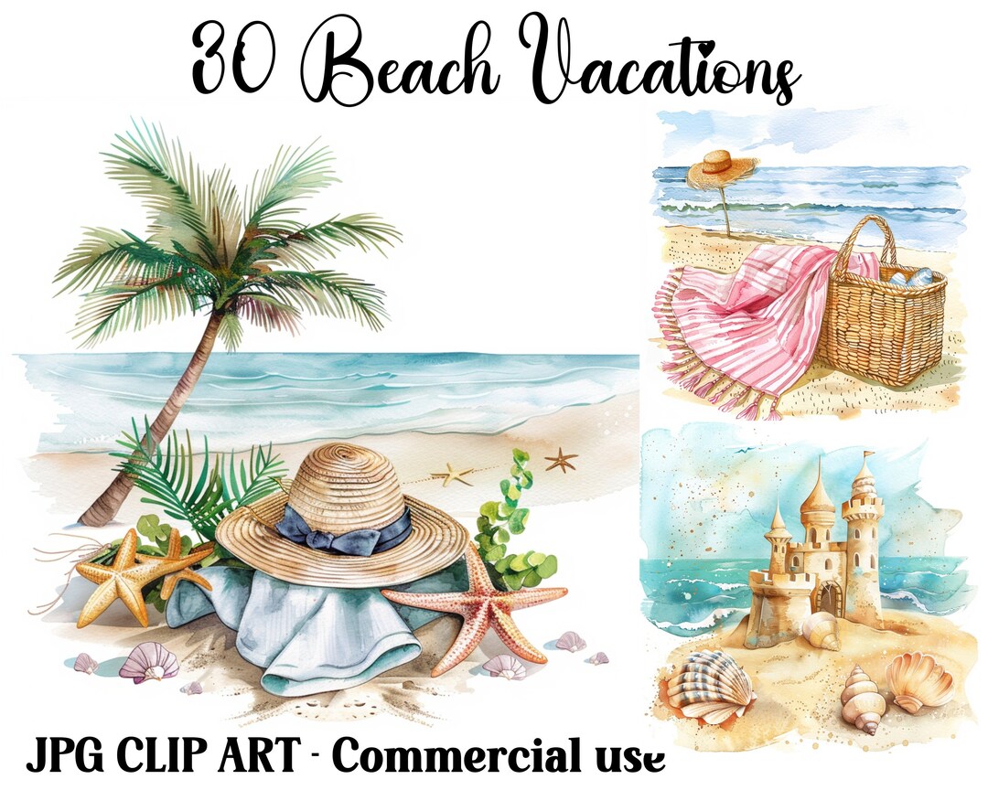 Beach Vacations Watercolor Clipart Scenes, Digital & Paper Crafts ...