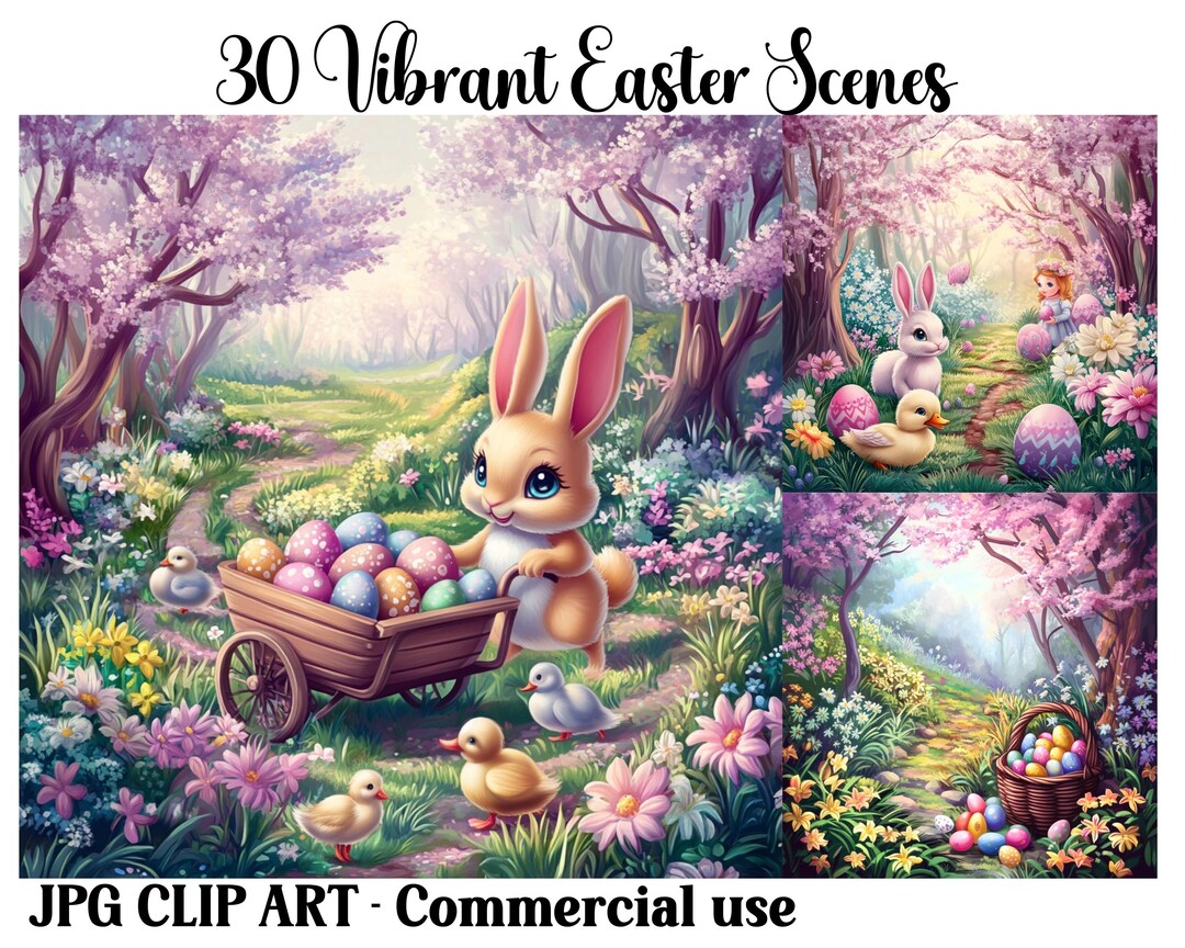 Vibrant Easter Scenes Clipart, Digital Papers / Craft, Cute Bunnies ...