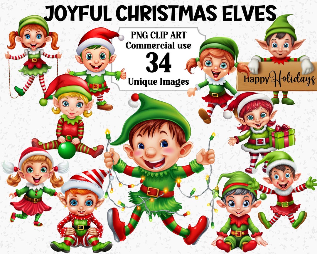 Joyful Christmas Elves Clipart, Cartoon Style Digital, Instant Download ...