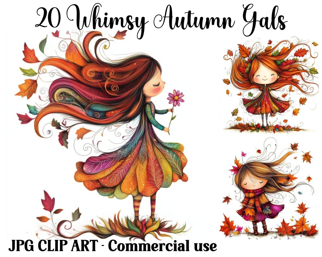 20 Whimsy Autumn Gals Clipart, Digital/paper Craft, Instant Download, Seasonal Fall Funny Girls ...