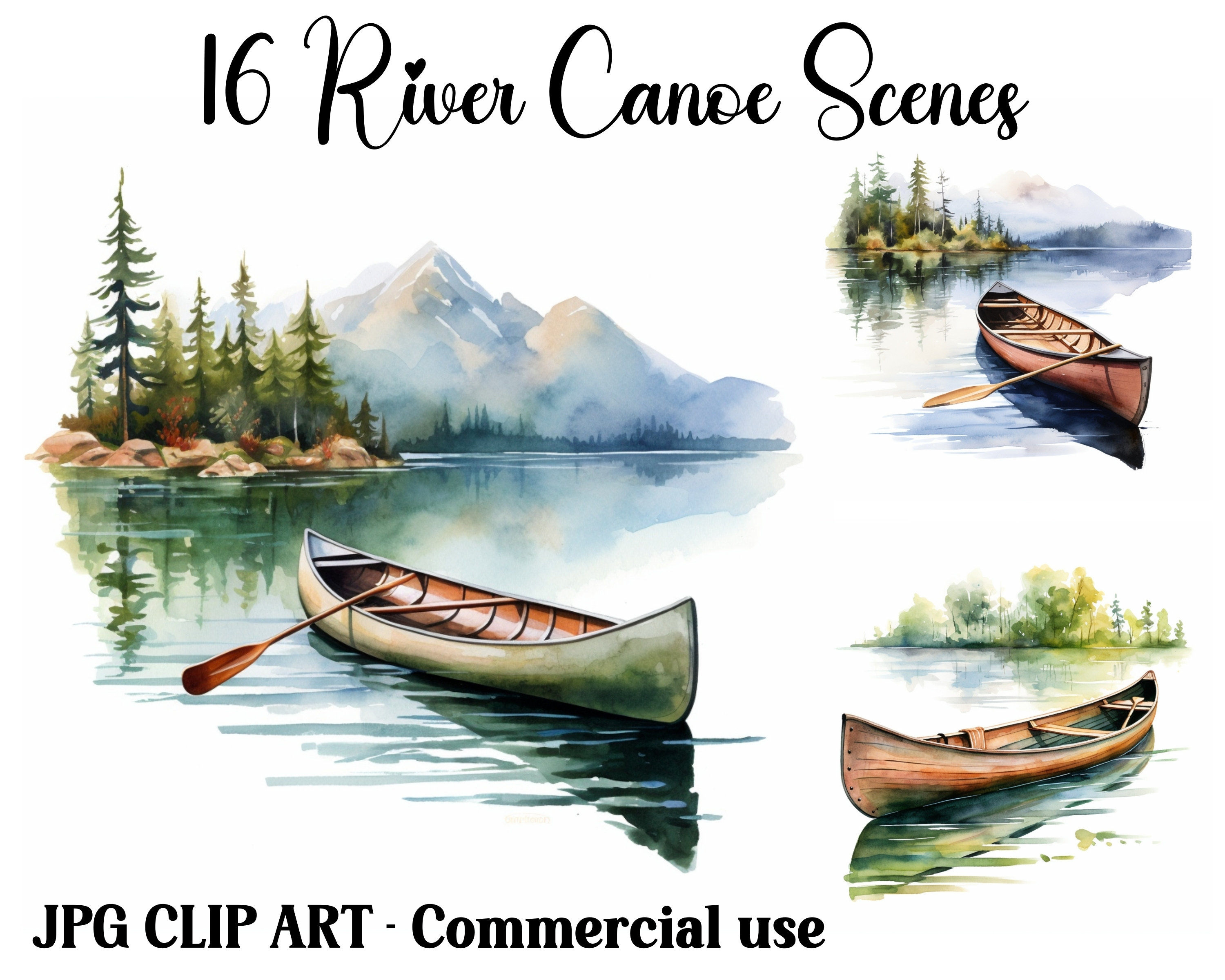 River Canoe Scenes Watercolor Clipart, Digital & Paper Craft, Instant ...
