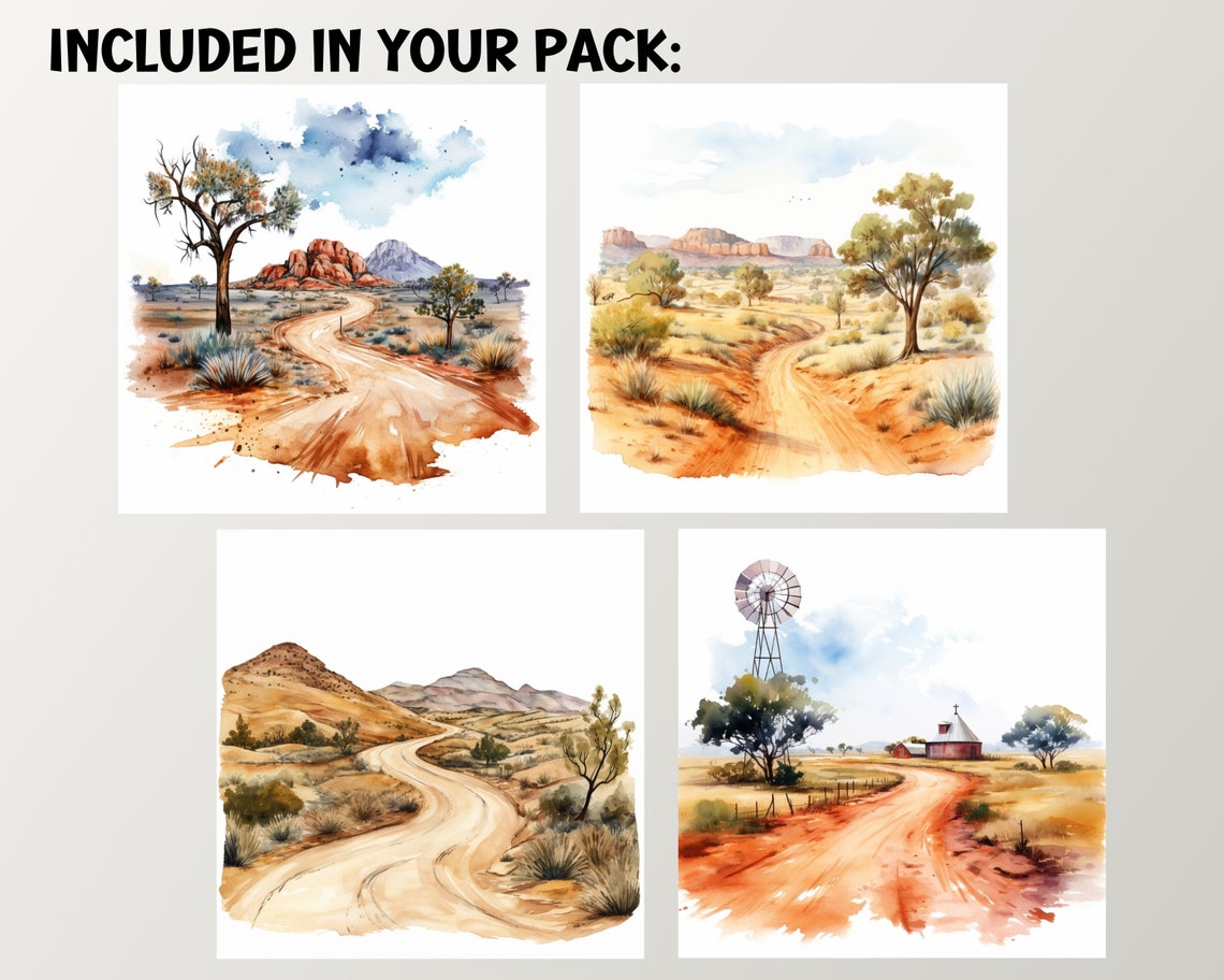 Outback Roads Watercolor Clipart Scenes, Digital & Paper Craft, Instant ...