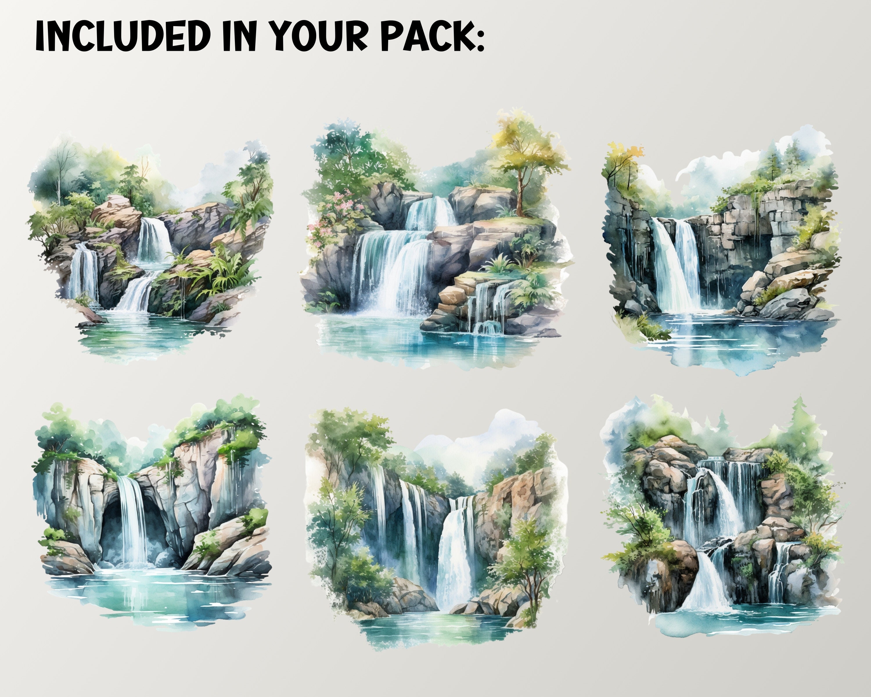 Scenic Waterfalls Watercolor Forest Landscape Scenes Clipart ...