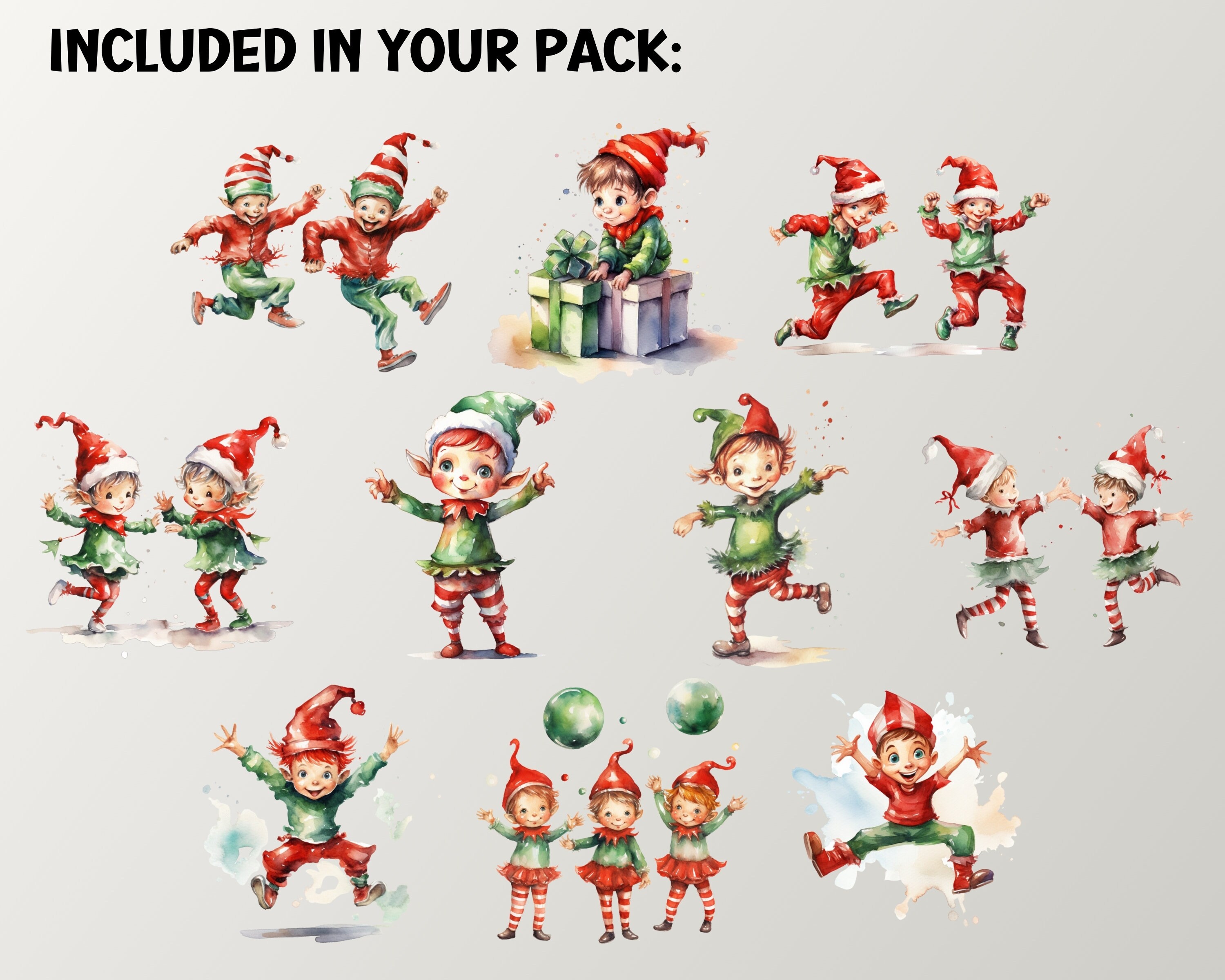 Playful Christmas Elves Watercolor Clipart, Craft Sublimation ...