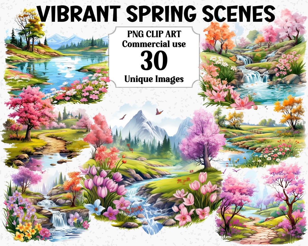 Vibrant Spring Scenes Watercolor Clipart, Digital/paper Crafts, Instant ...
