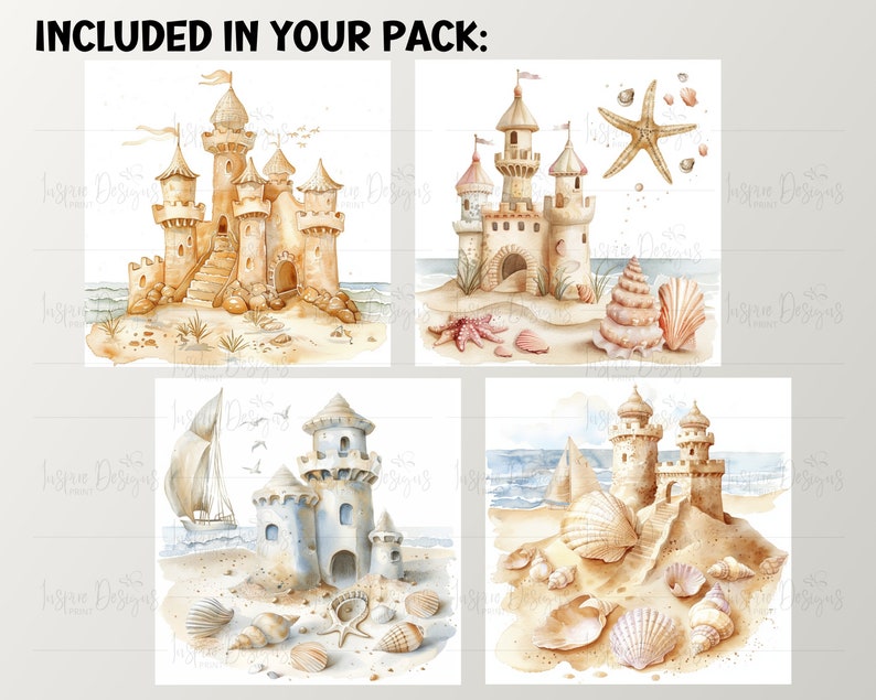 Beach Sandcastles Watercolor Clipart Scenes, Digital/ Paper Crafts ...