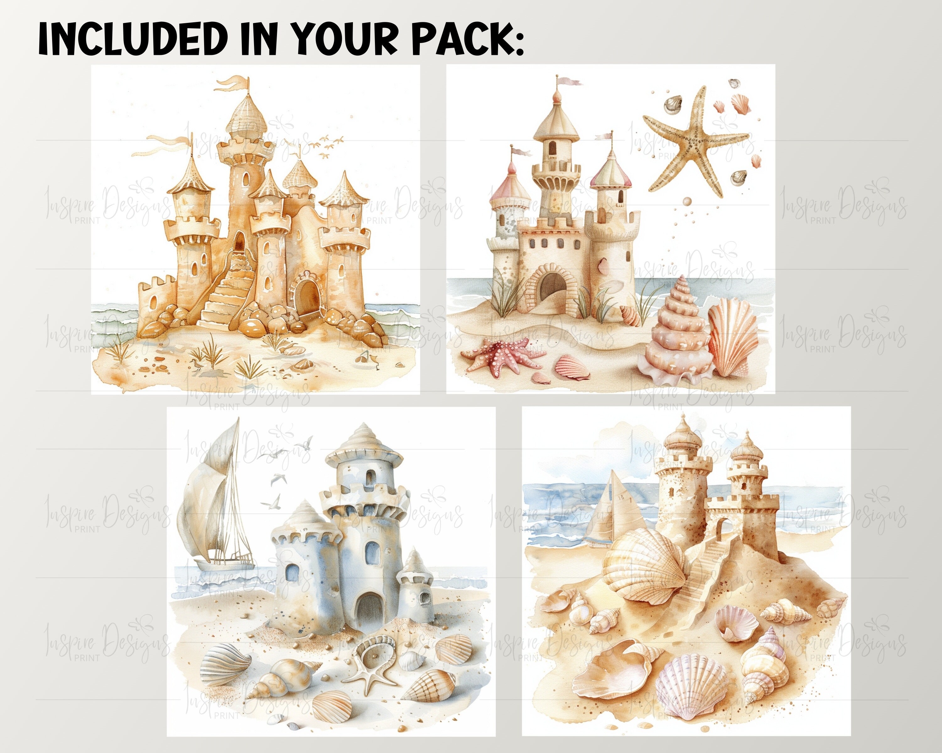 Beach Sandcastles Watercolor Clipart Scenes, Digital/ Paper Crafts ...