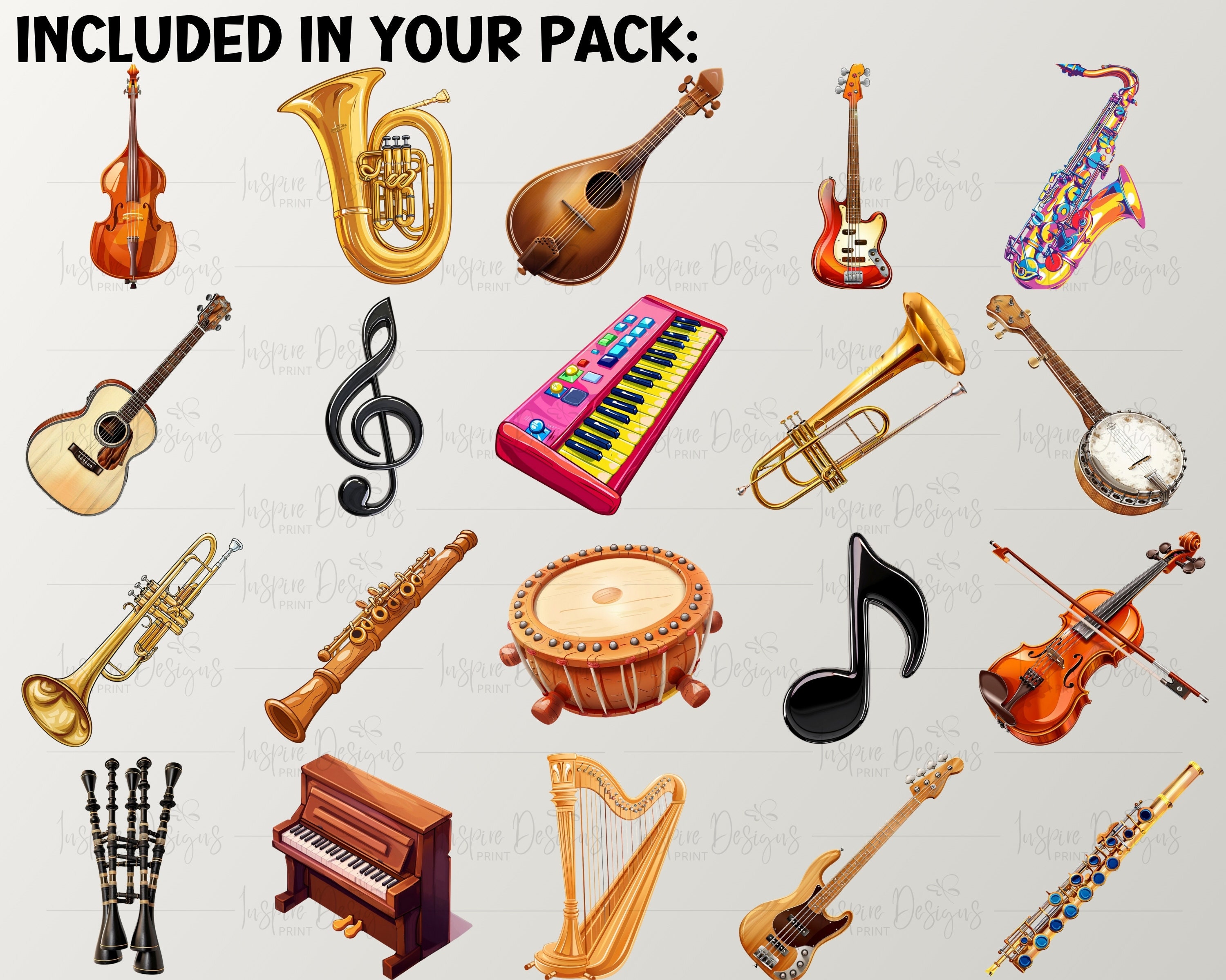 Musical Instruments Clipart, Instant Download, Rock & Jazz Guitar Drums ...