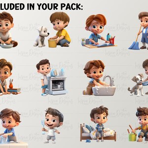 3D Style Cute Boys Doing Chores Clipart, Commercial Use Little Kids ...